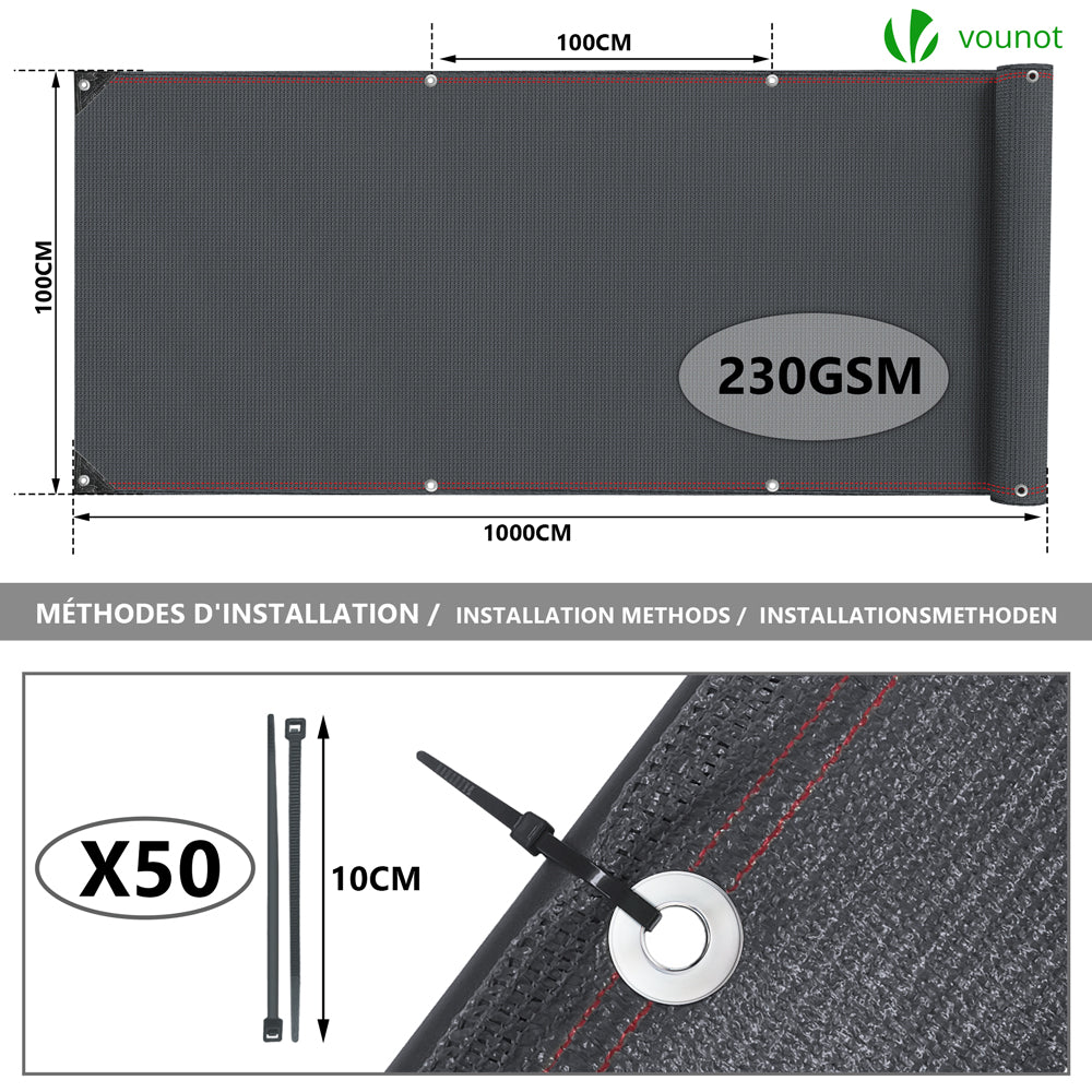 Brise vue occultant en HDPE 230g/m² 1x10m avec attaches de fixation anthracite | VOUNOT FR